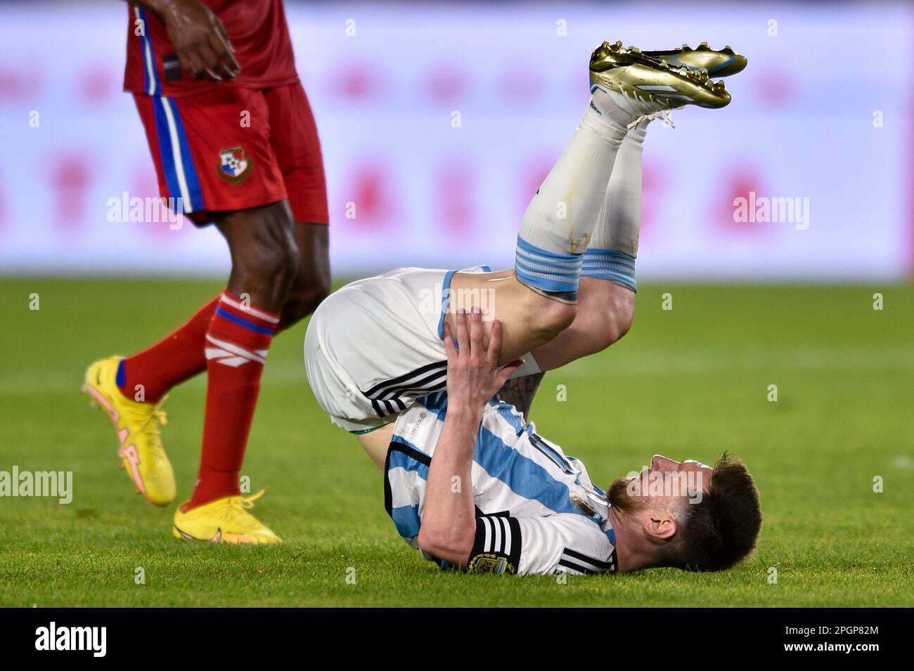 Argentina's Lionel Messi falls during an international friendly soccer ...