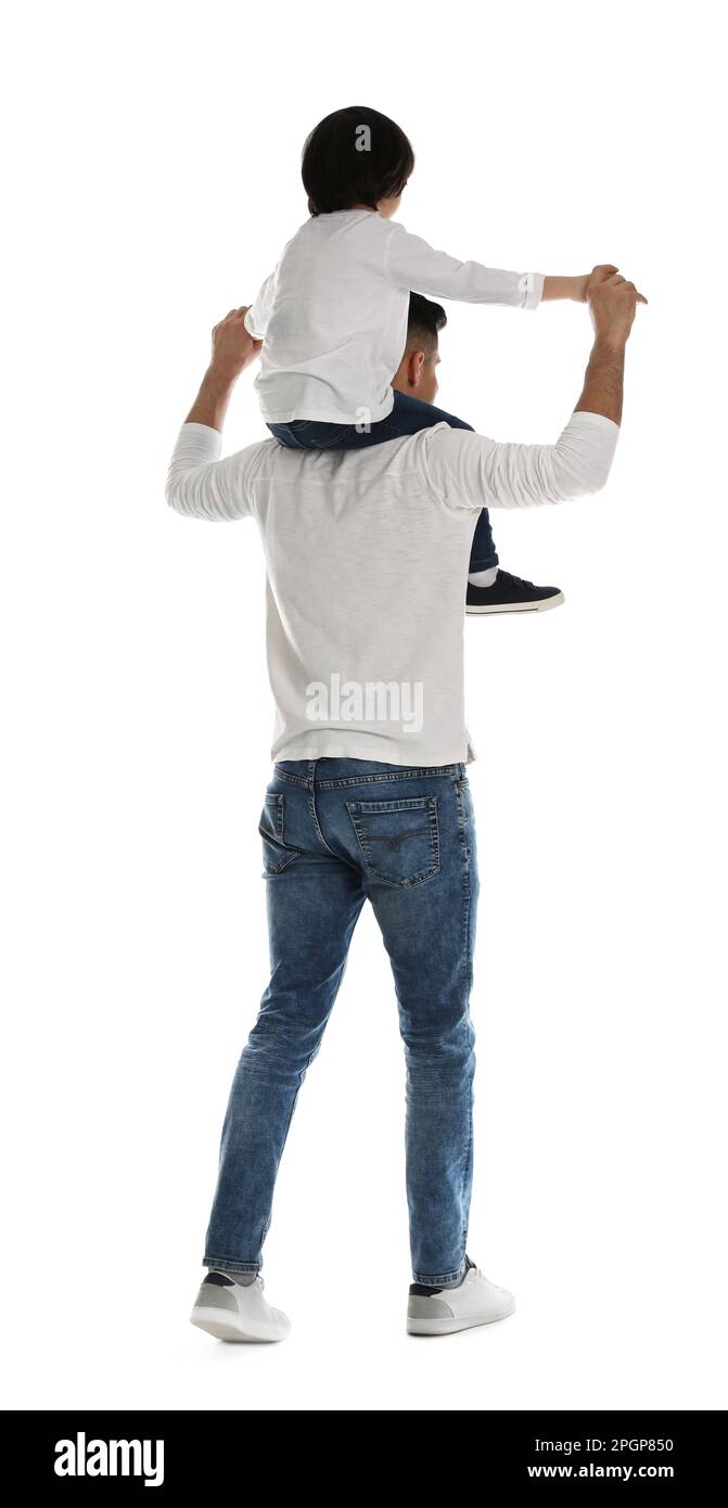 Little boy with his father on white background Stock Photo - Alamy