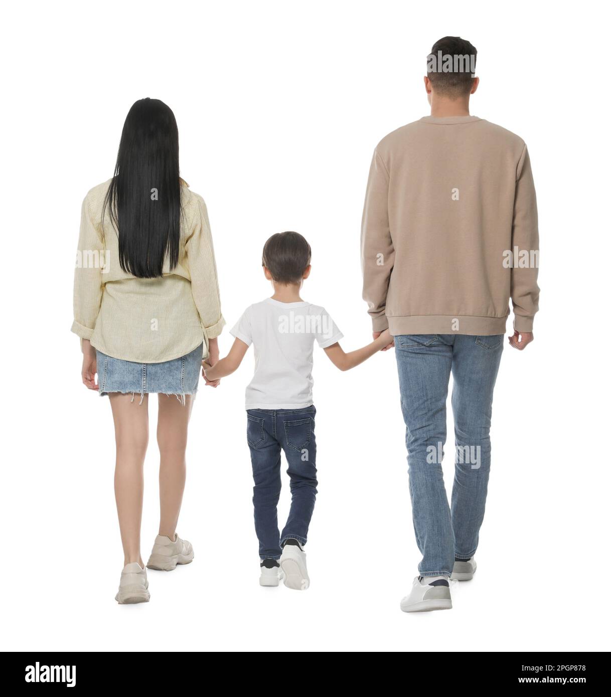 Little boy with his parents on white background, back view Stock Photo ...