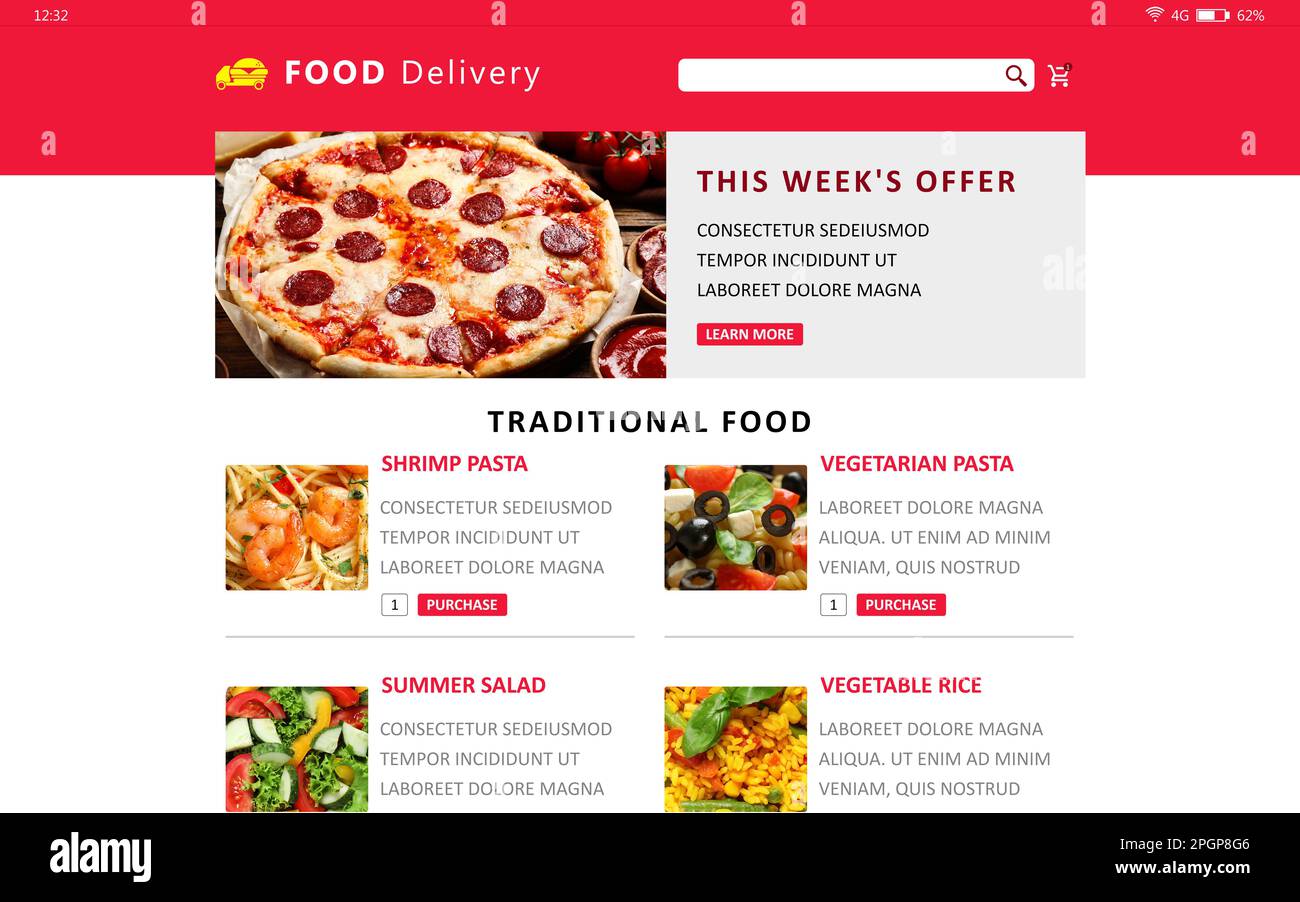 Food delivery app. Display with appetizing menu Stock Photo - Alamy