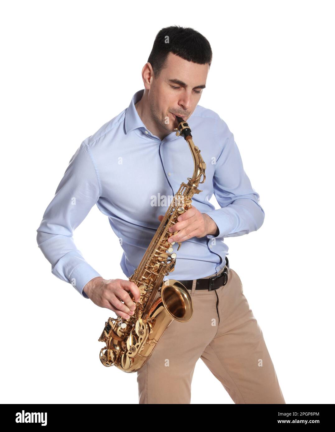 Man playing saxophone white background hi-res stock photography and ...