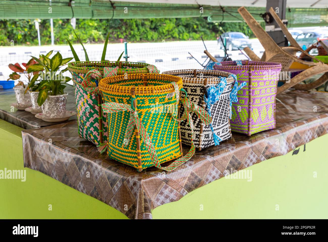 Handicraft items with selective focus, textile and bamboo and wooden ...