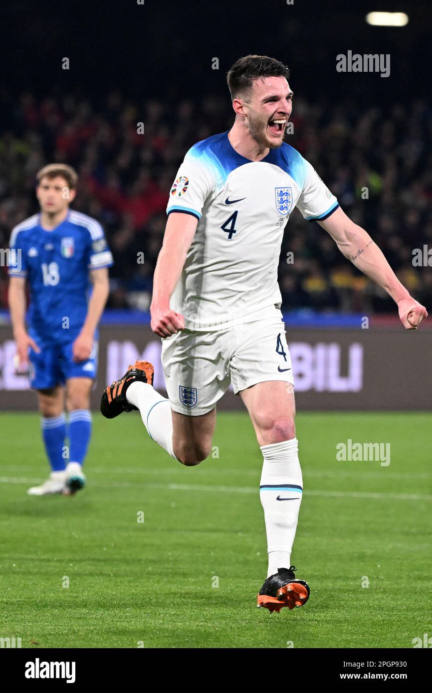 Naples, Italy. 23rd Mar, 2023. England's Declan Rice (R) celebrates his ...