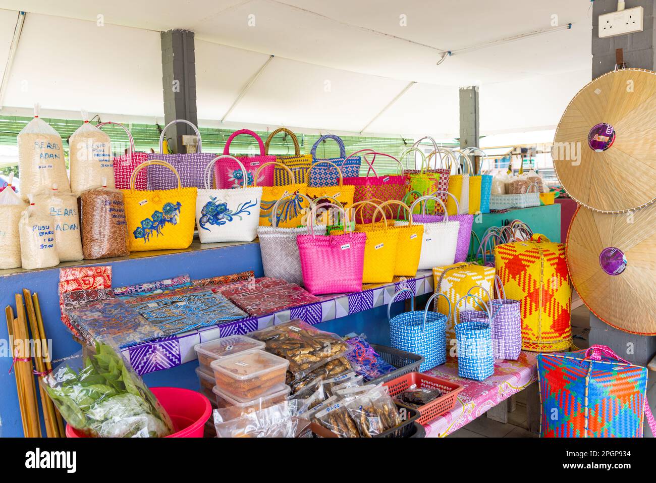Handicraft items with selective focus, textile and bamboo and wooden ...