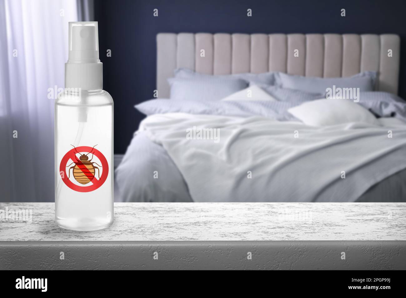 Anti bed bug spray on stone table in bedroom. Space for text Stock ...
