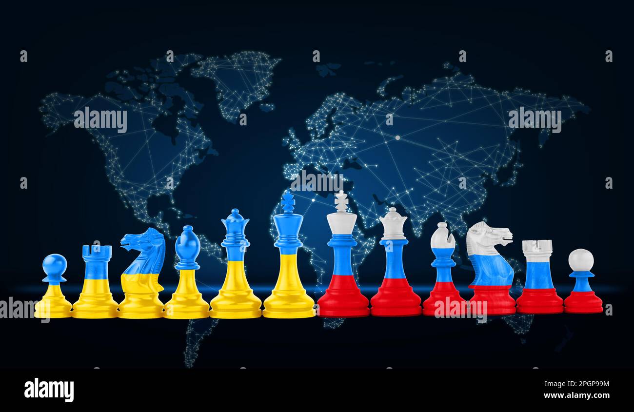 Concept of war between Ukraine and Russia. Chess pieces in color of ...