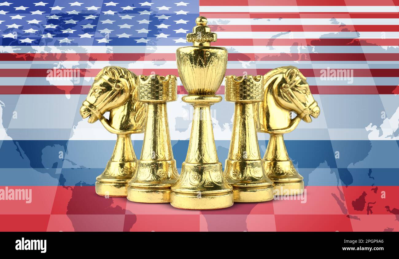 Russian and American flags, world map and chess pieces Stock Photo - Alamy
