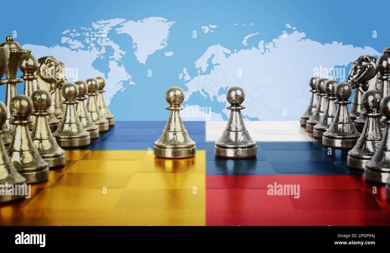 Concept of war between Ukraine and Russia. Chess pieces on board in ...