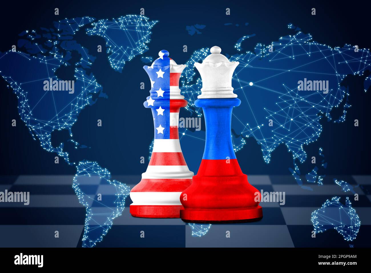Chess pieces in color of Russian and American flags against world map ...
