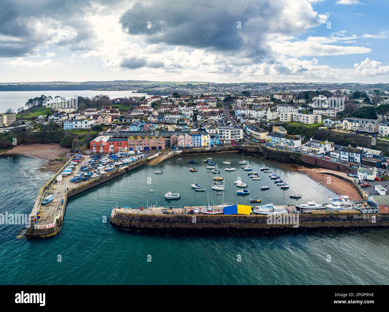 Aerial view of Paignton Harbour and South Quay from a drone, Paignton ...