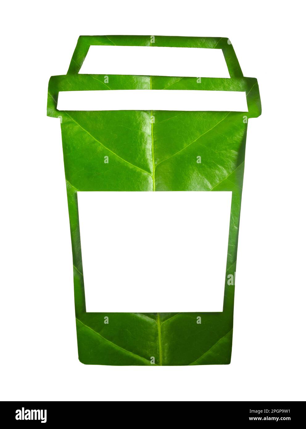 Glass water straw made from paper cutting on leaf green background ...