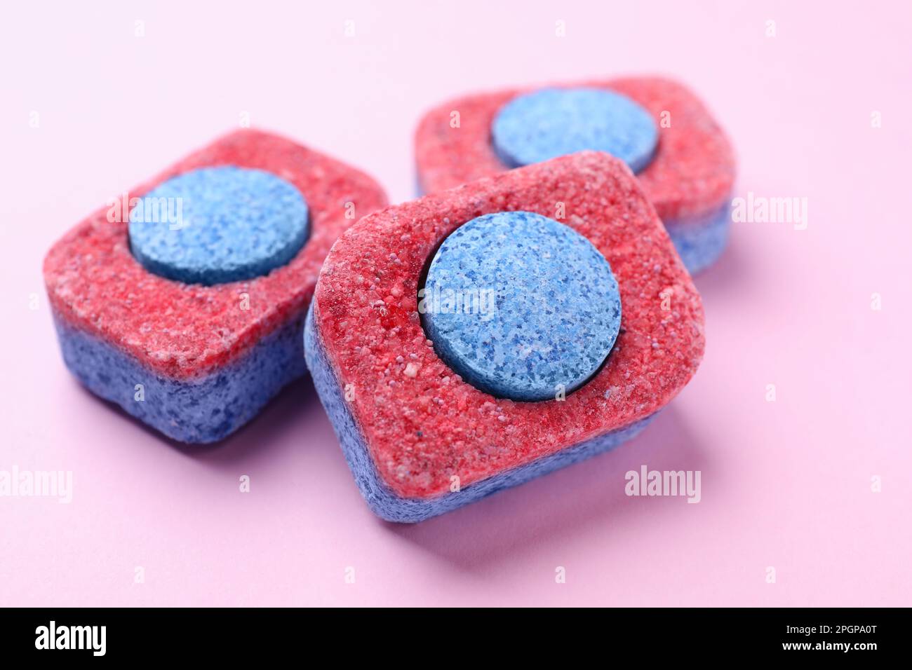 Dishwasher detergent tablets on pink background, closeup Stock Photo ...