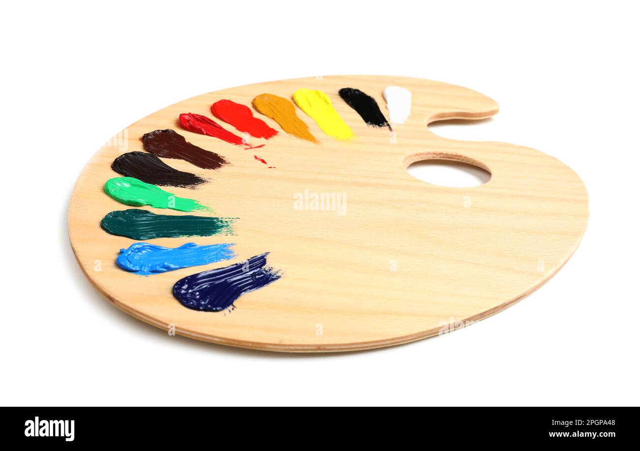 Palette with paints on white background. Artist equipment Stock Photo ...