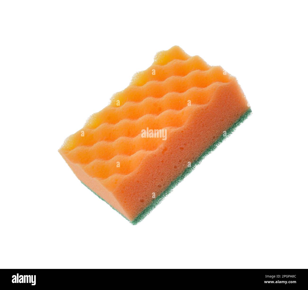 Orange cleaning sponge with abrasive green scourer isolated on white ...