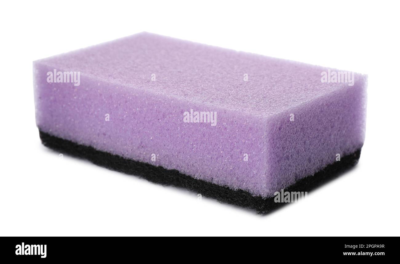 Purple cleaning sponge with abrasive black scourer isolated on white ...