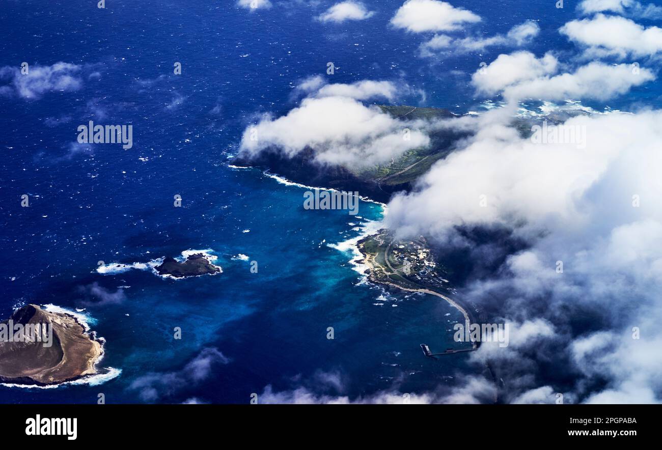 Aerial View of the Windward side of the Island of Oahu, Hawaii near ...