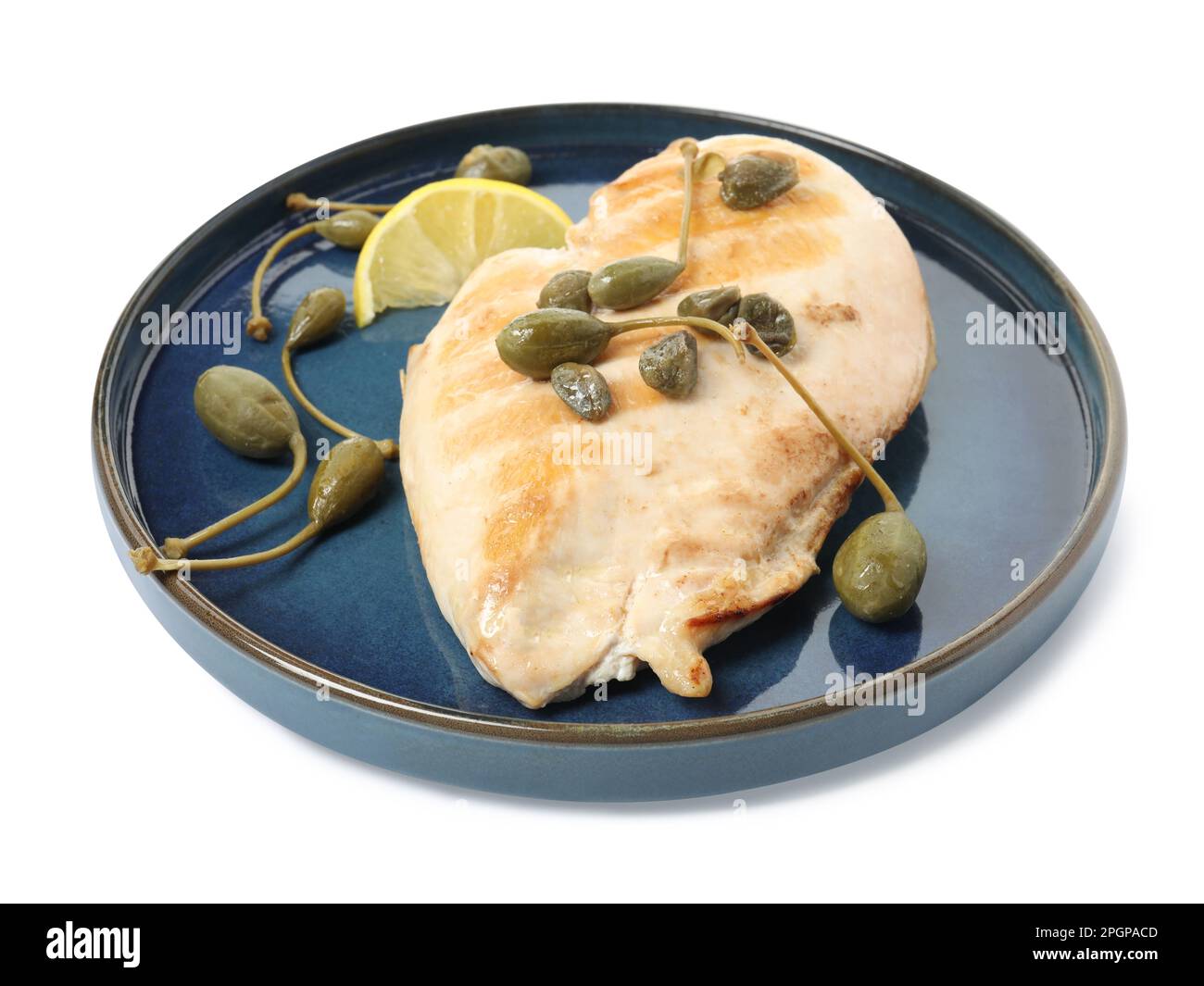 Delicious cooked chicken fillet with capers on white background Stock ...