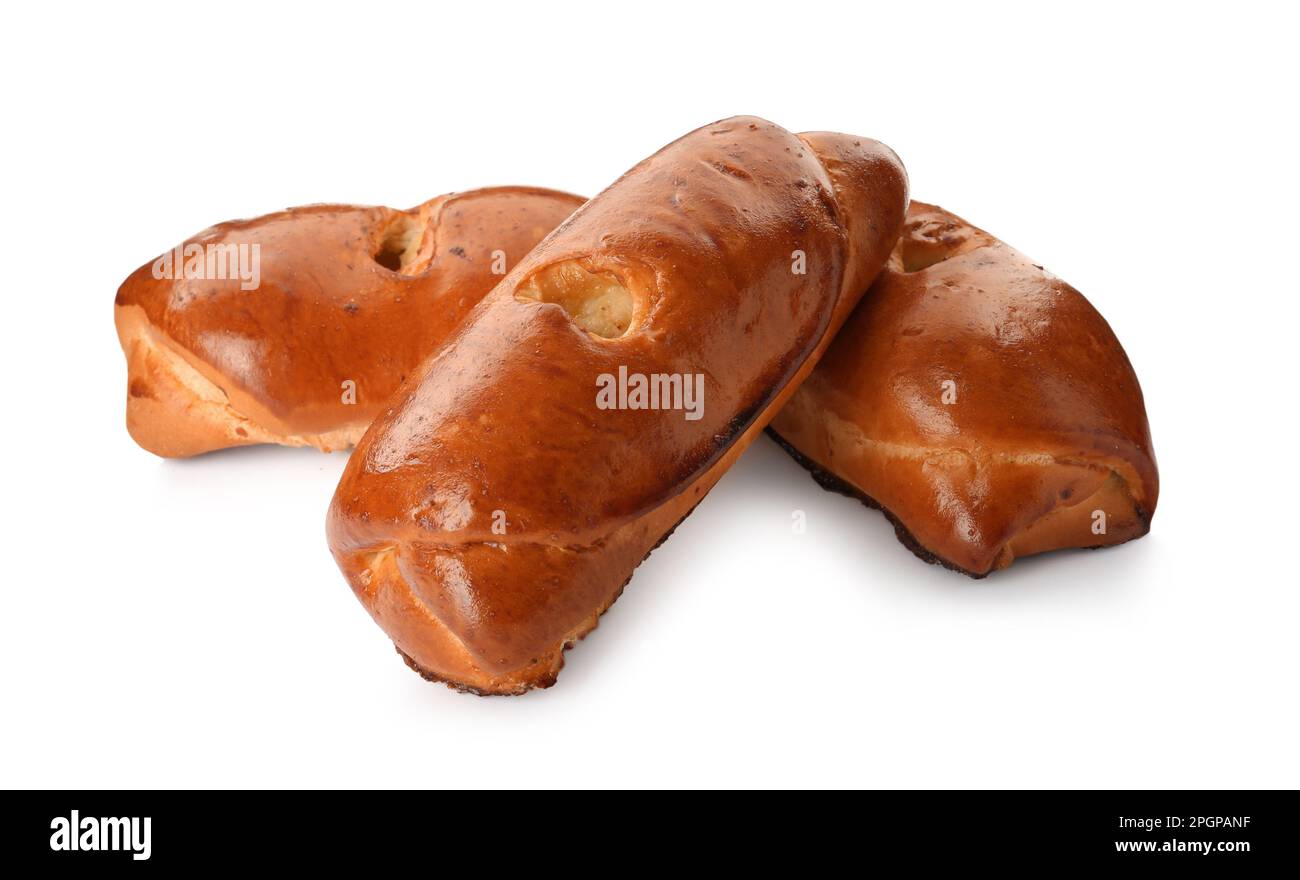 Many delicious baked patties with filling on white background Stock ...