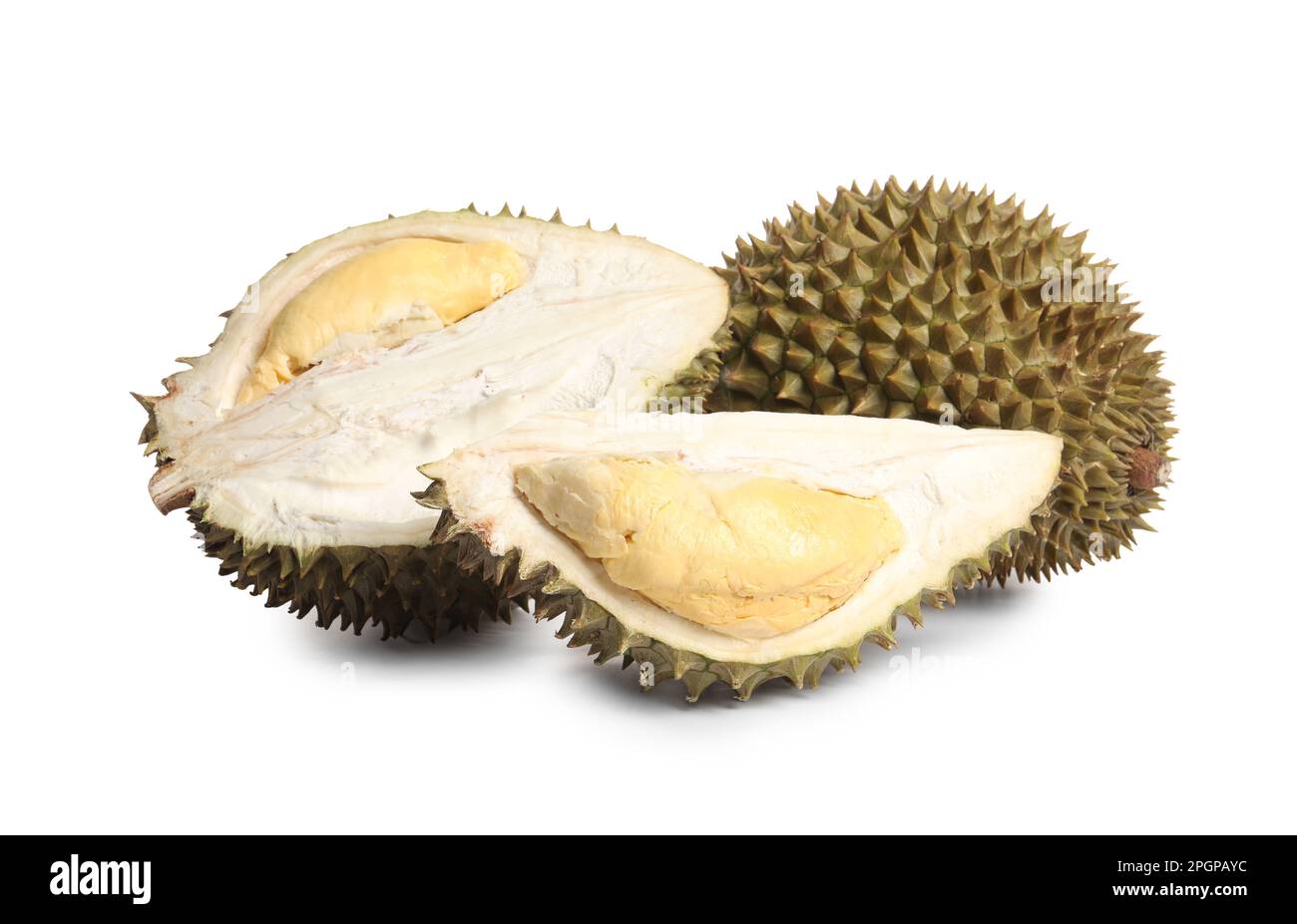 Cut and whole ripe durians on white background Stock Photo - Alamy