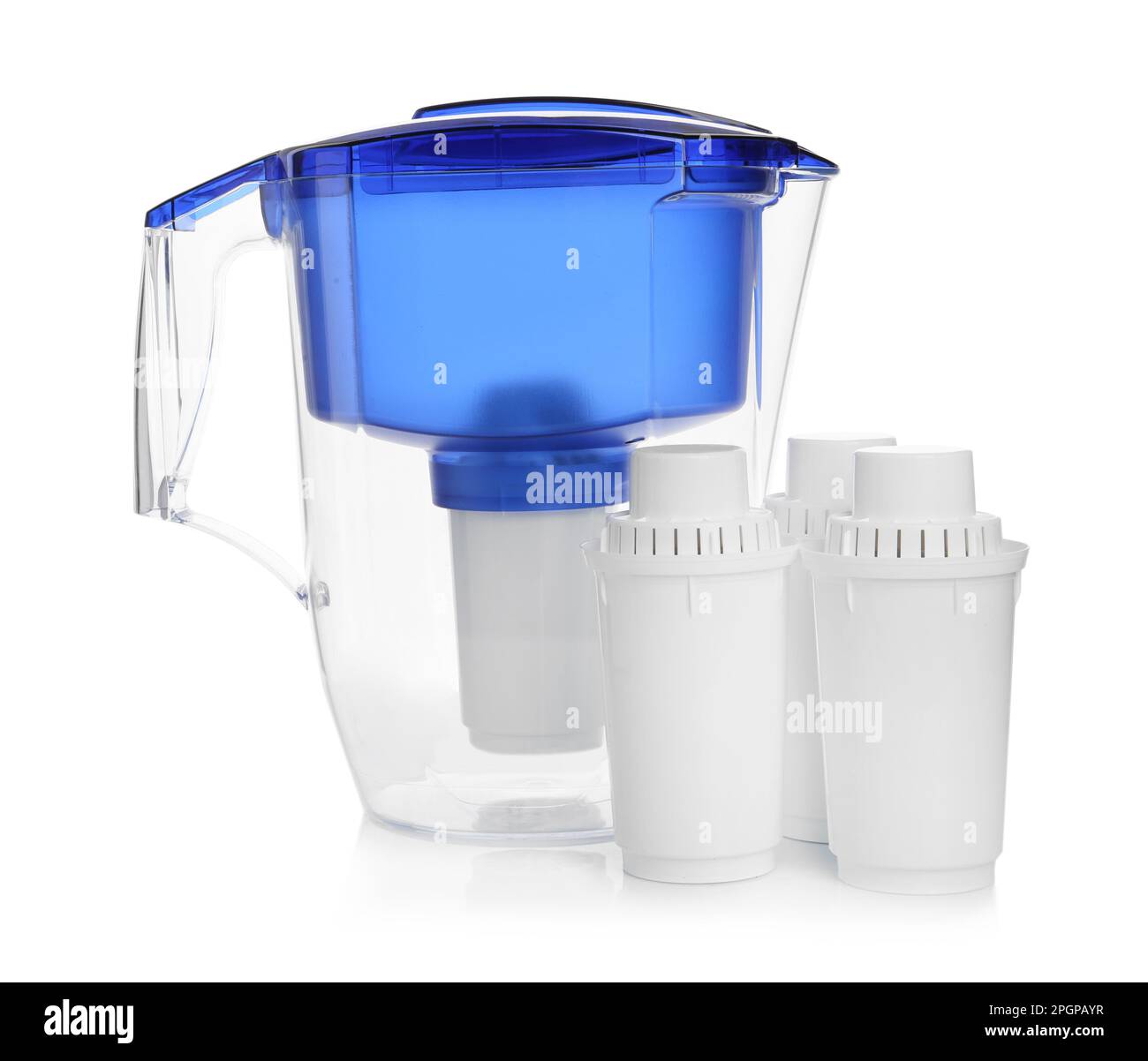Water filter jug and replacement cartridges on white background Stock ...
