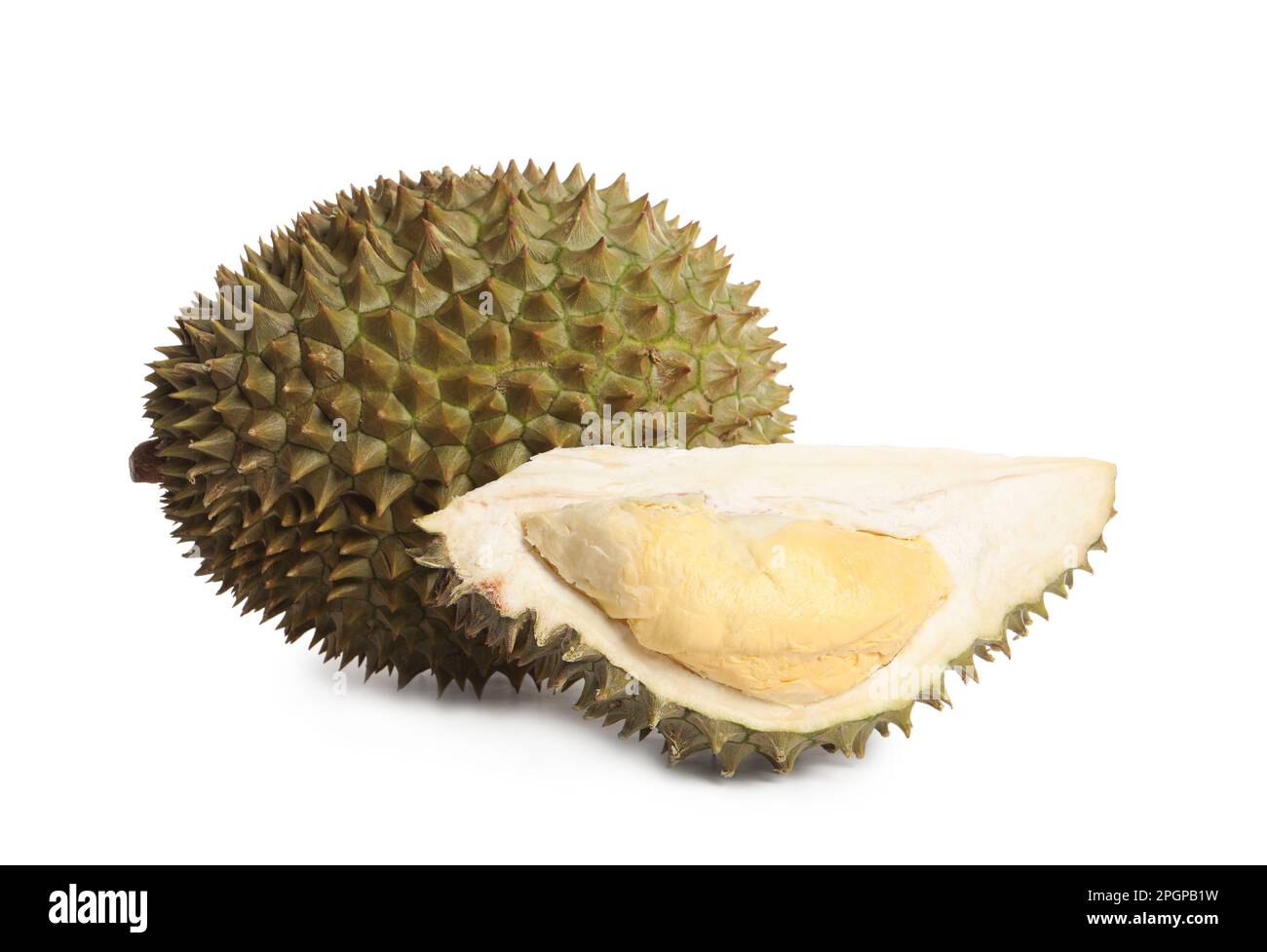 Cut and whole ripe durians on white background Stock Photo - Alamy
