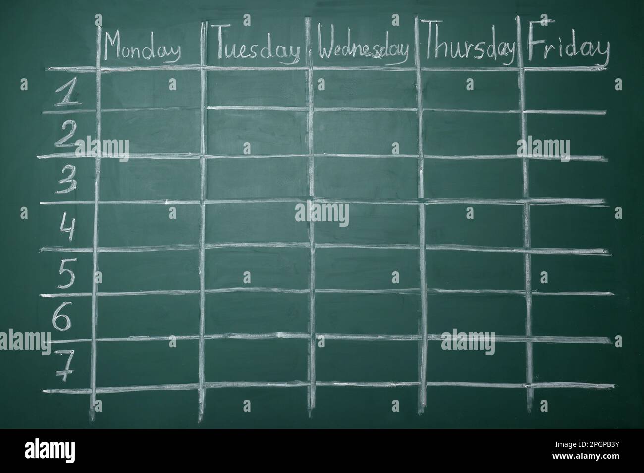 Weekly school timetable drawn on green chalkboard Stock Photo - Alamy