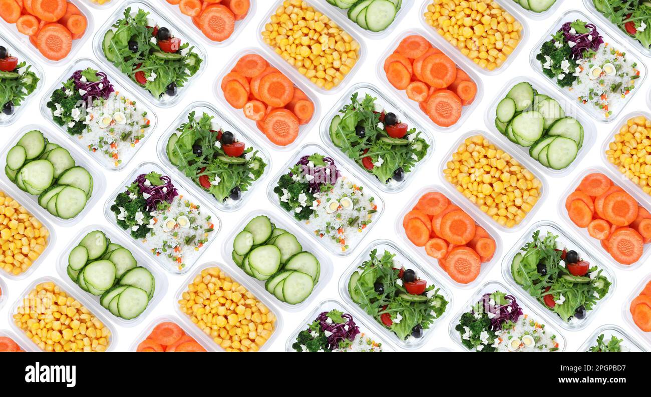 Many containers with different tasty food on white background, top view ...