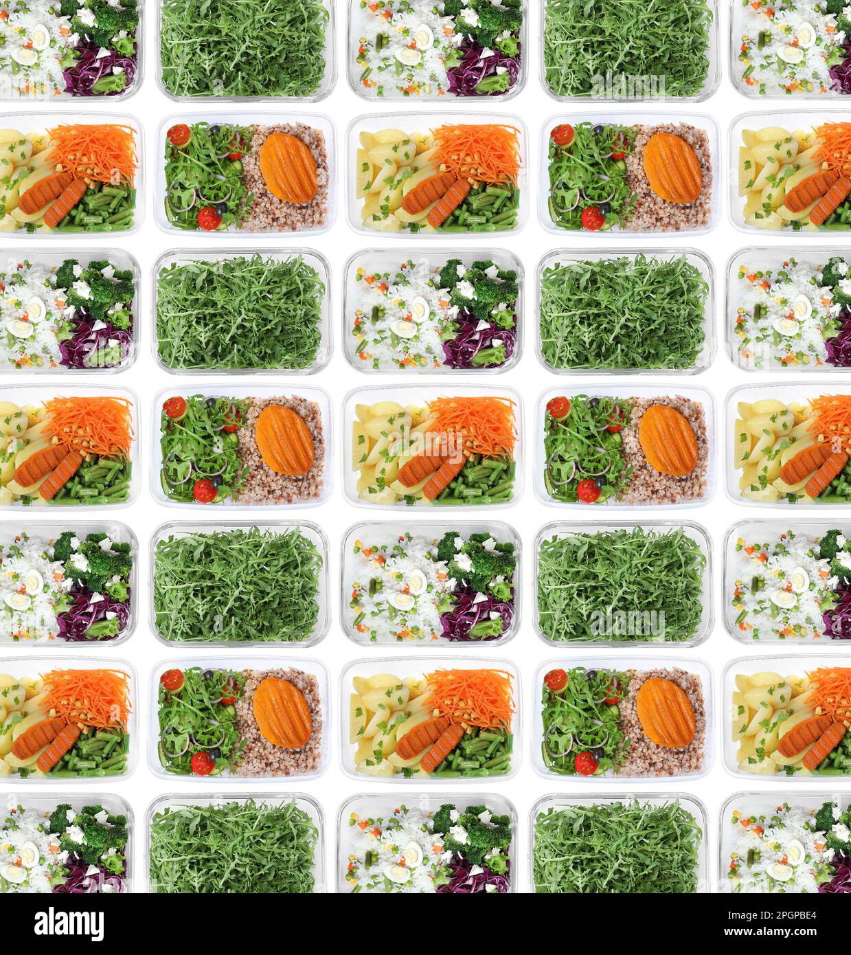 Many containers with different tasty food on white background, top view ...