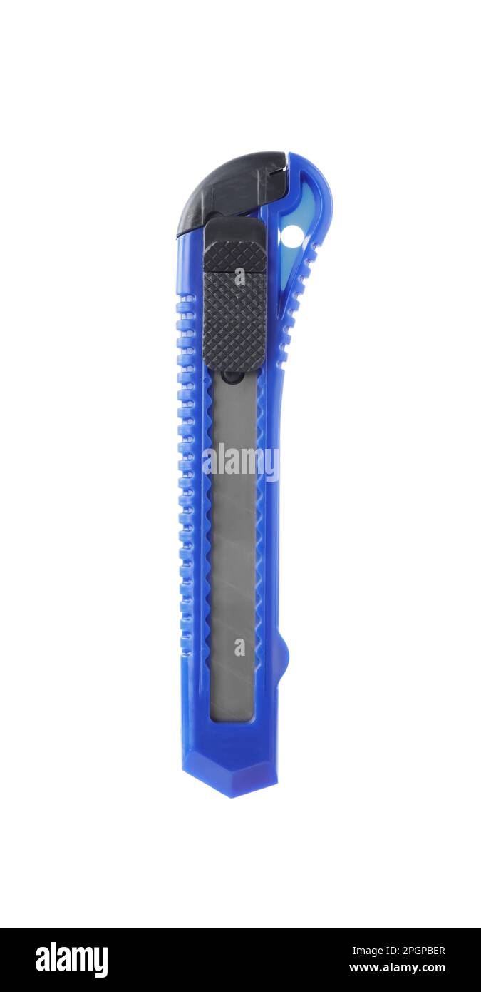 Blue utility knife isolated on white. Construction tool Stock Photo - Alamy