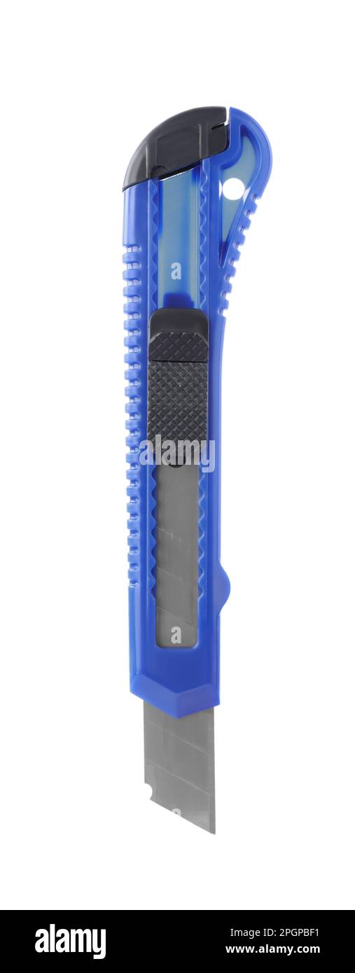 Blue utility knife isolated on white. Construction tool Stock Photo - Alamy