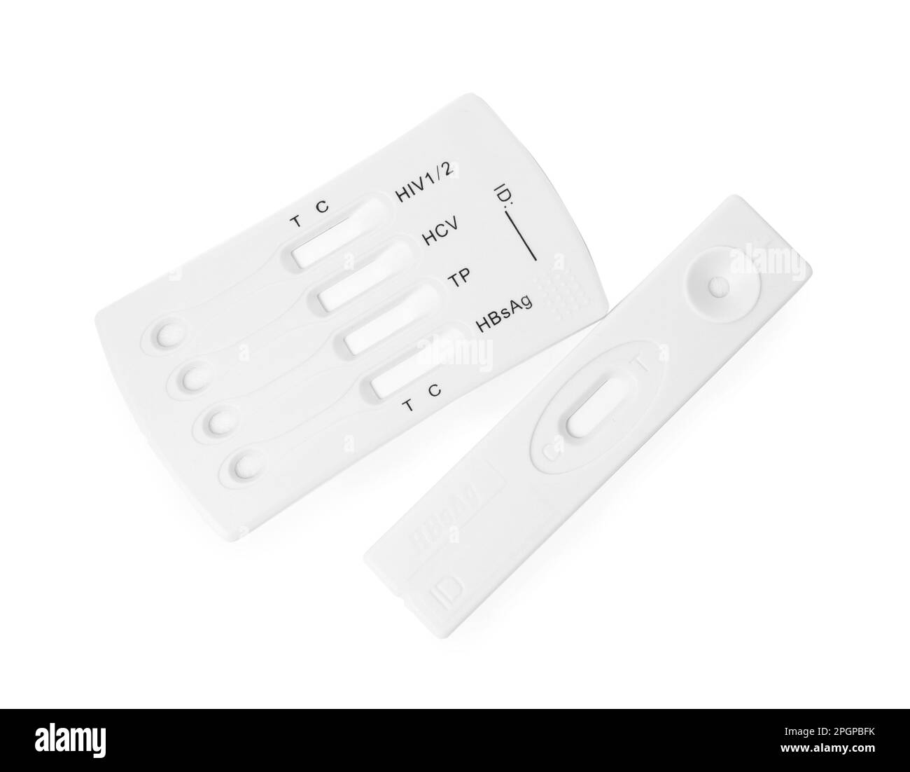 Two disposable express tests for hepatitis on white background, top ...