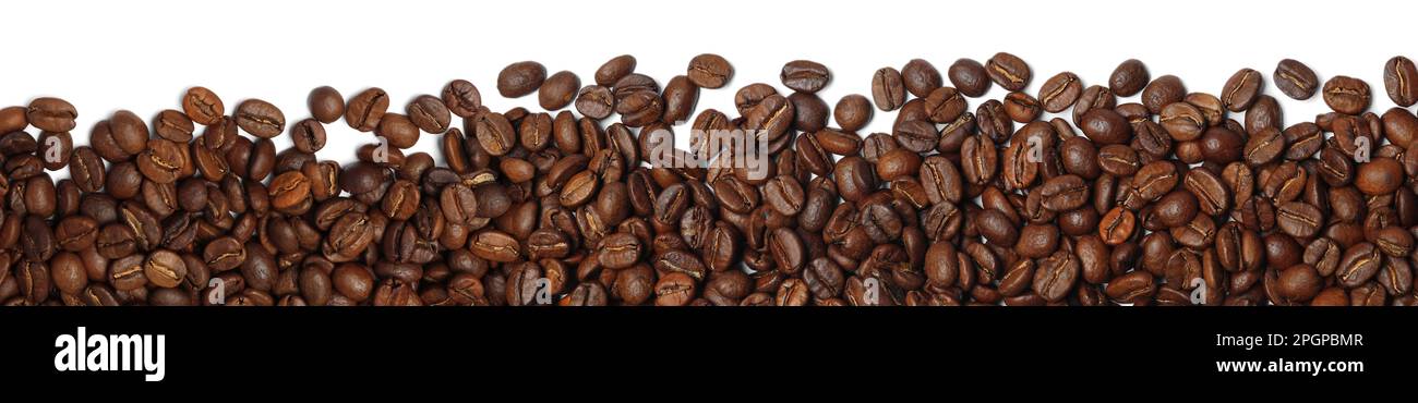 Many roasted coffee beans on white background, top view. Banner design ...