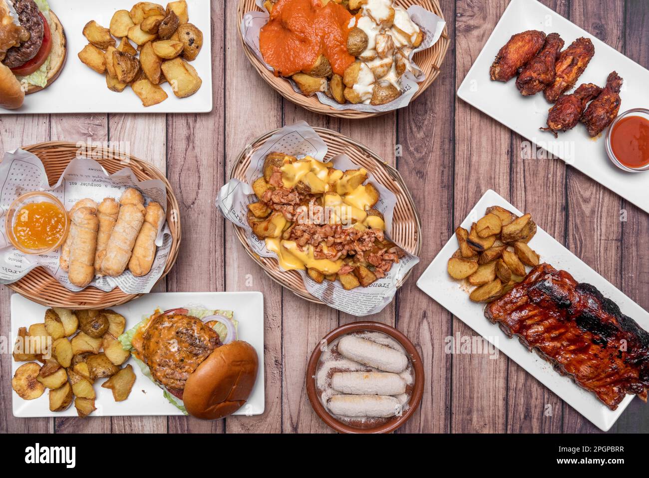 Set of international fast food dishes, barbecue ribs, hamburgers ...