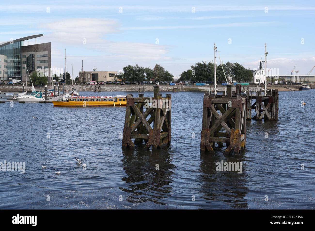 Cardiff Bay view, Wales UK. Wooden piers and signals, listed maritime ...