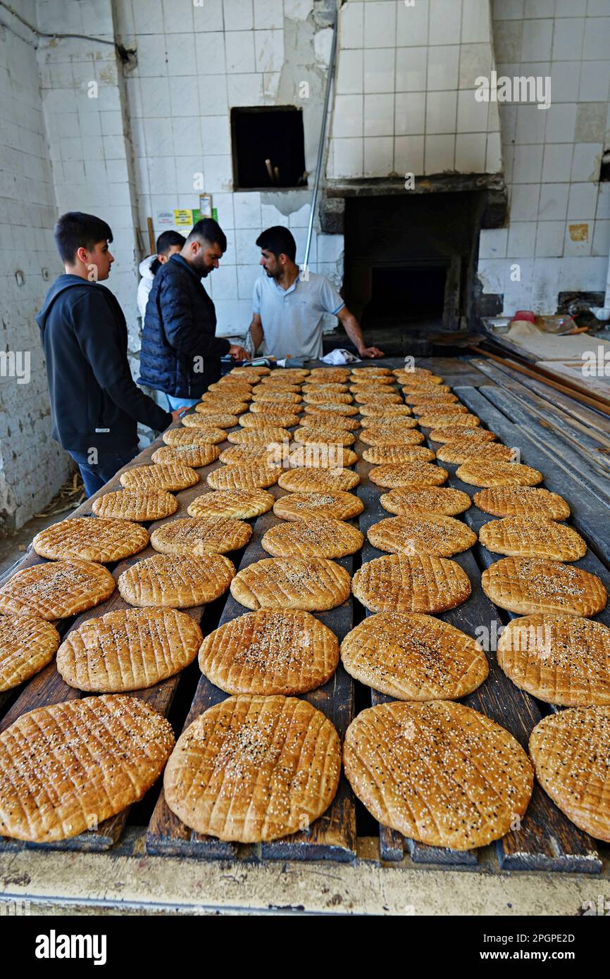 Buns are seen lined up and laid out on the counter after being taken ...