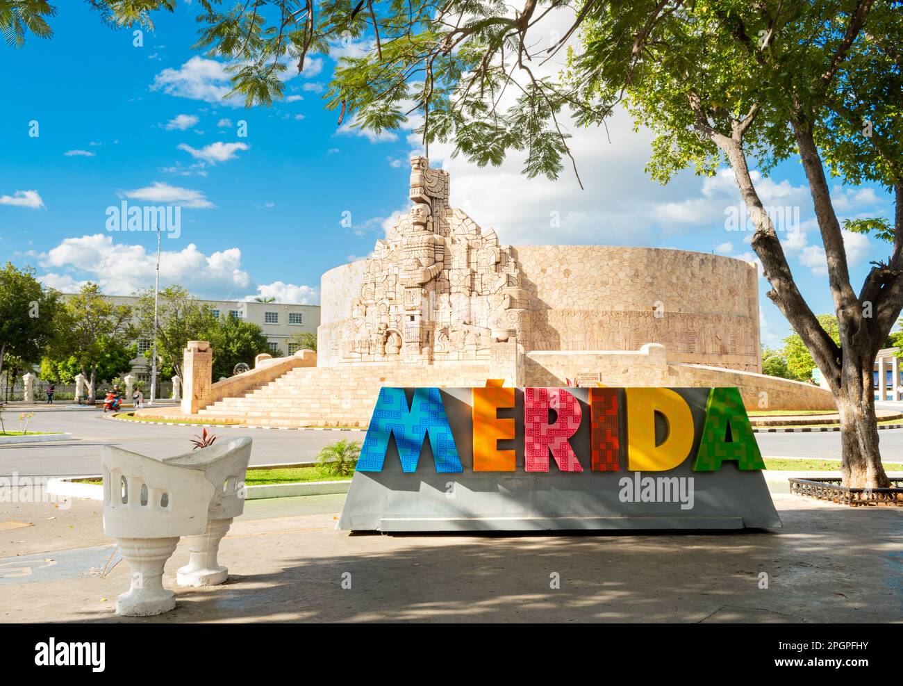 Monument to the homeland, chair of lovers and tourist letters of Merida ...