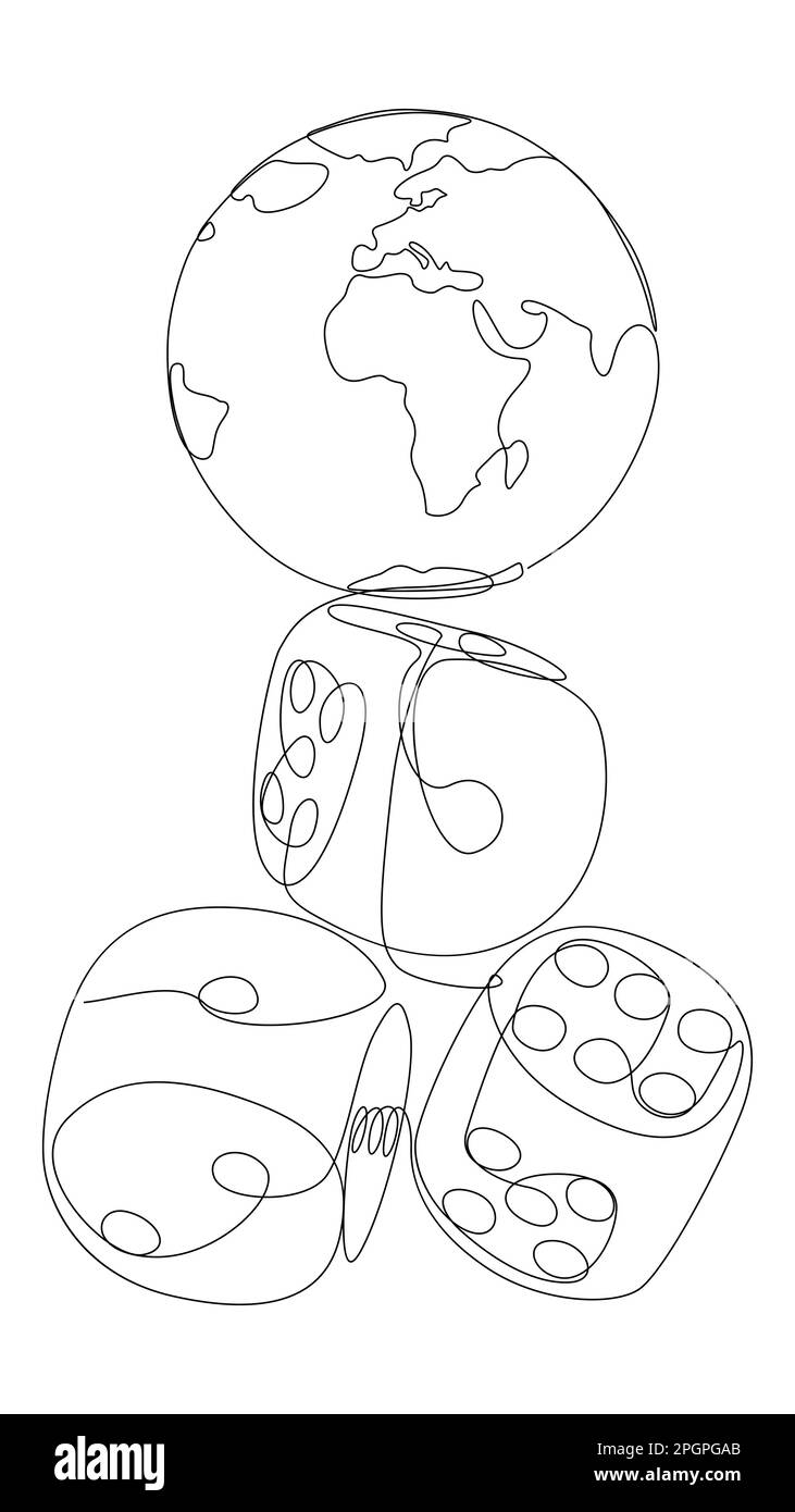 One continuous line of Earth Globe and Dice. Thin Line Illustration ...