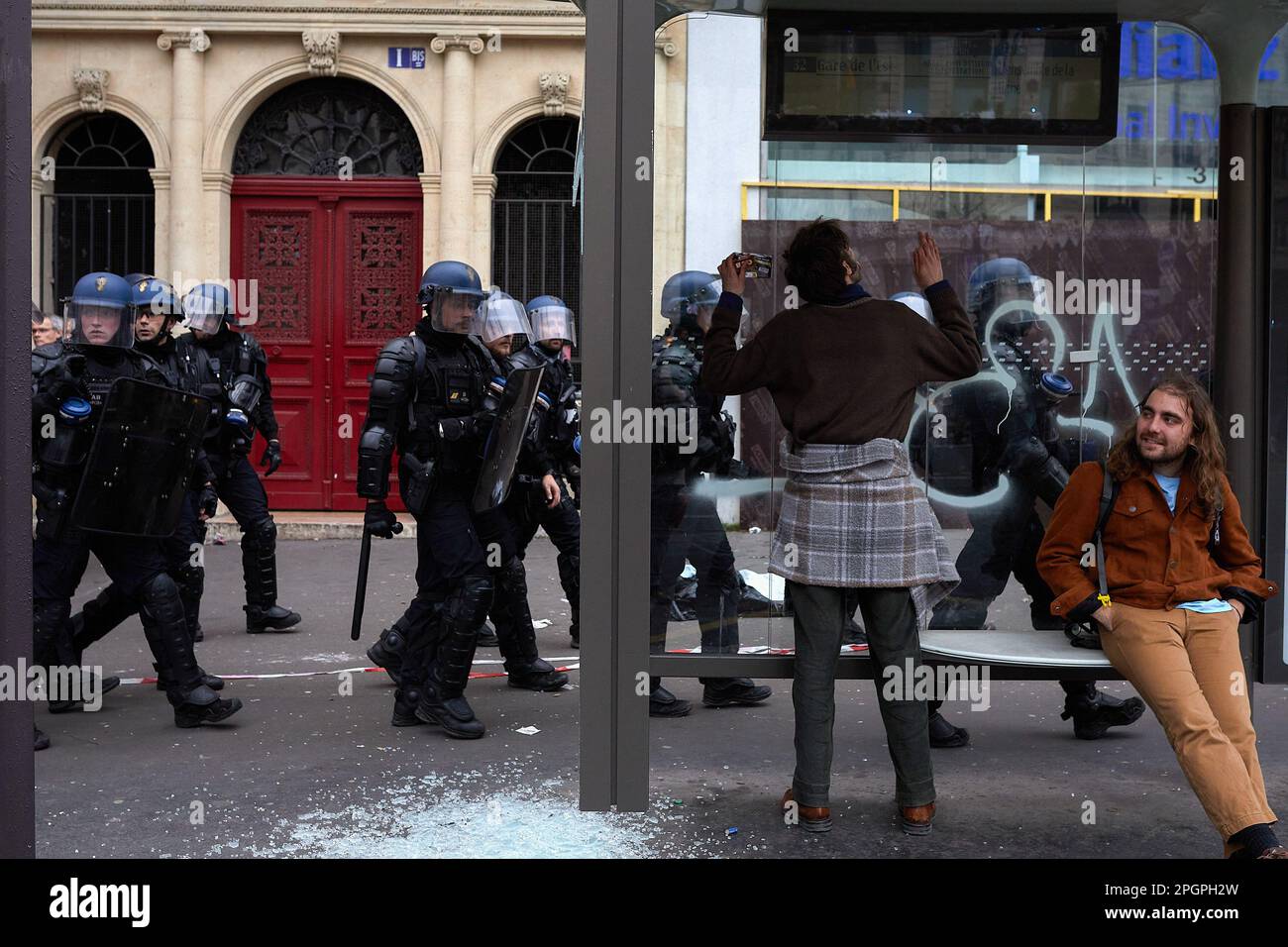 Paris, France. 23rd Mar, 2023. Riot police patrol on the street during ...