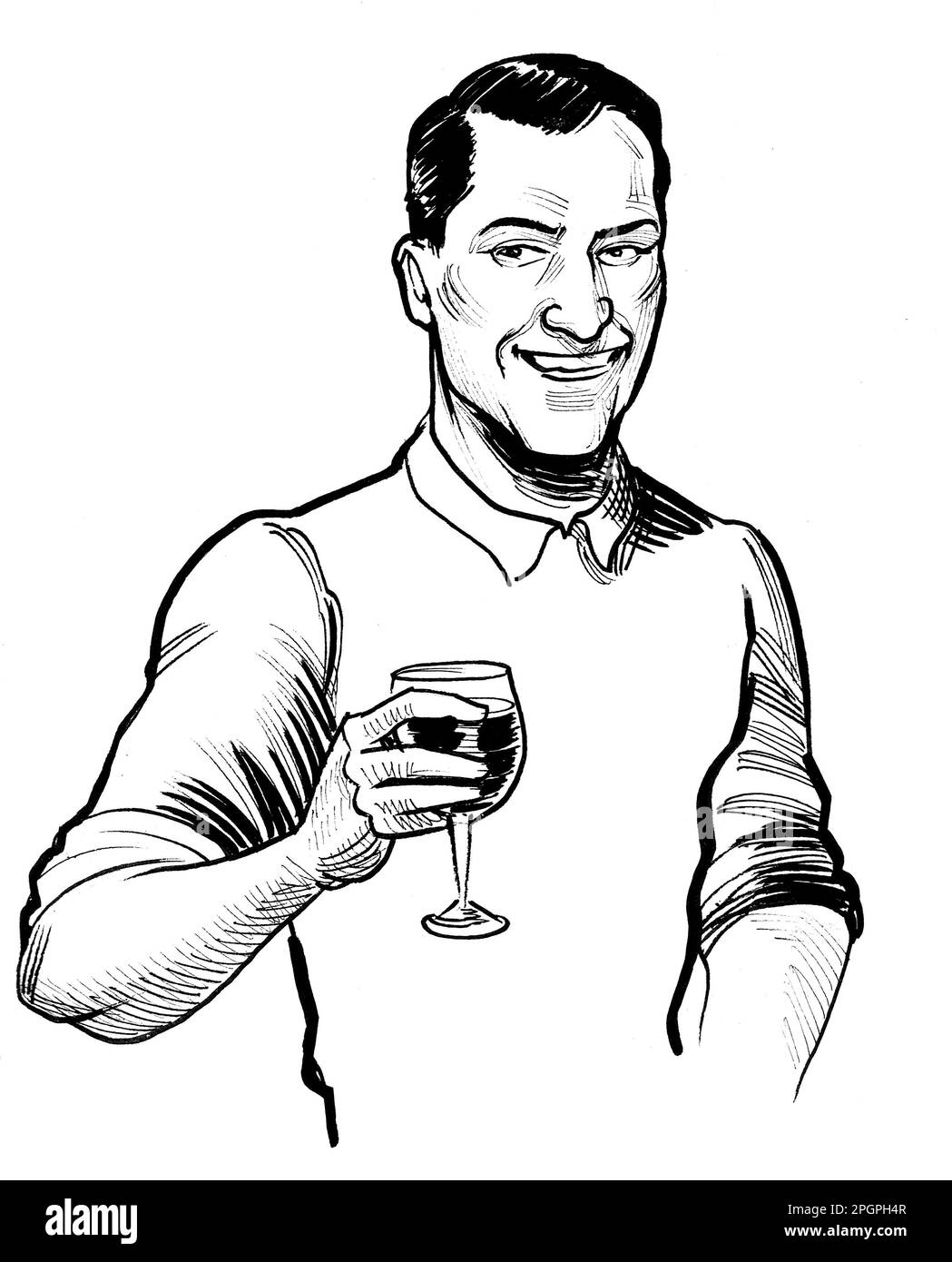 Happy man drinking a glass of wine. Ink black and white drawing Stock ...