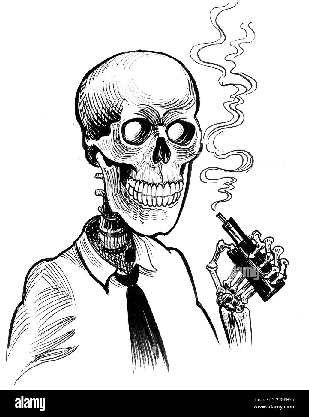 Vaping human skeleton. Ink black and white drawing Stock Photo - Alamy