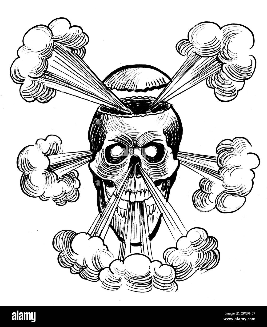 Exploding skull. Ink black and white drawing Stock Photo - Alamy