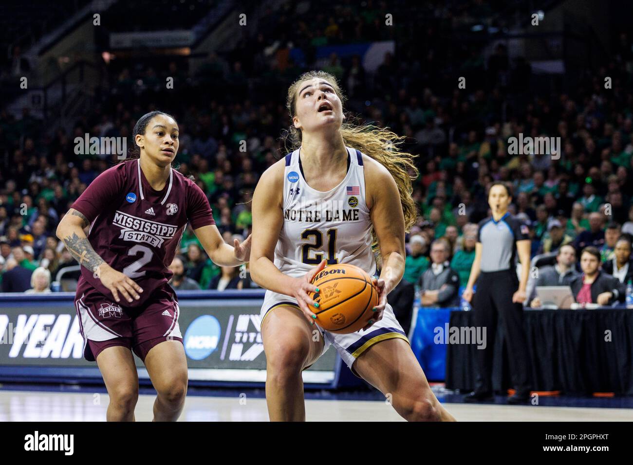 South Bend, Indiana, USA. 19th Mar, 2023. Notre Dame forward Maddy Westbeld (21) goes up for a ...