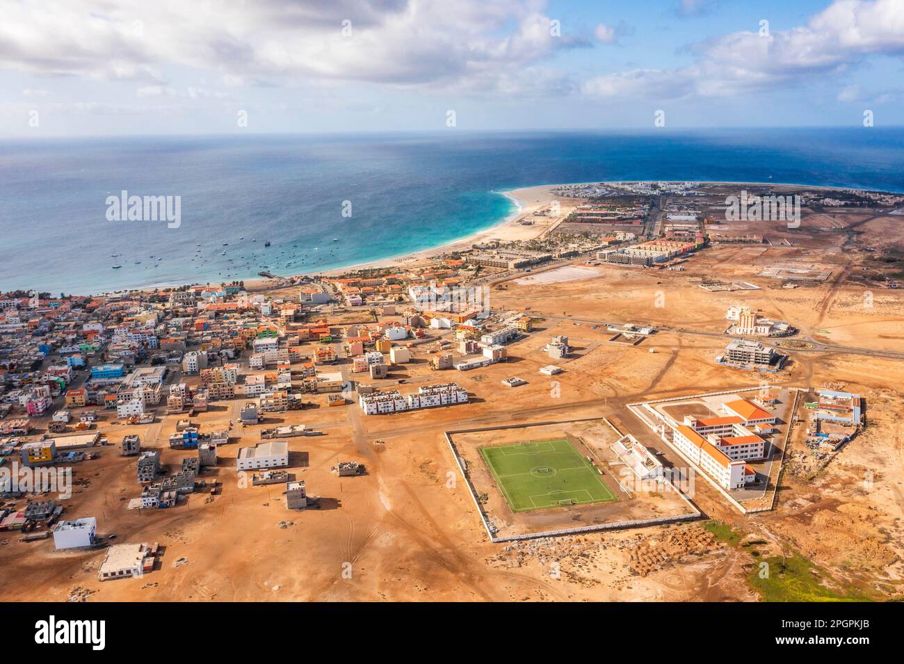 Wide aerial view on Santa Maria with the resorts on the right, African ...