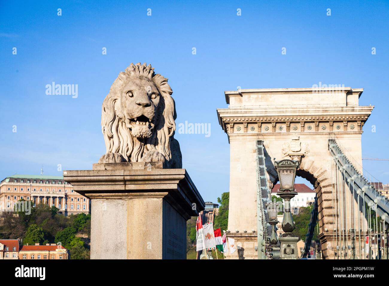 Iconic symbol of Budapest - the statue of the lion at the beginning of ...