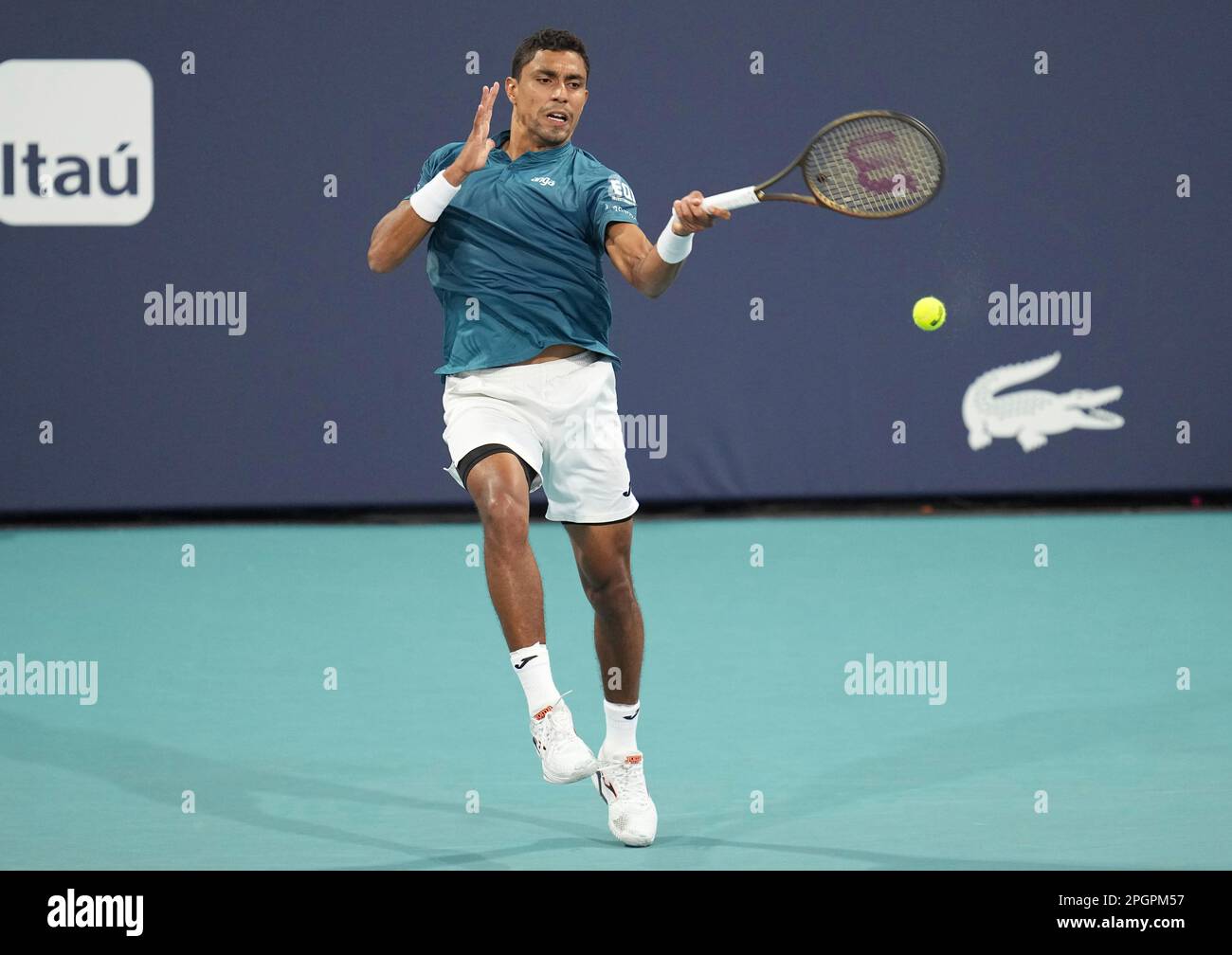 Thiago Monteiro, of Brazil, returns a volley to Jason Kubler, of ...