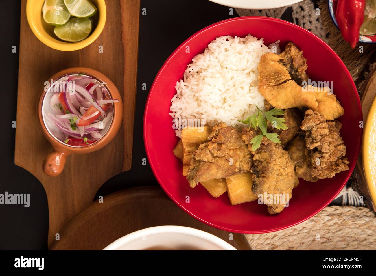 Fried fish sticks and fried yuca Peruvian food buffet table Assorted ...