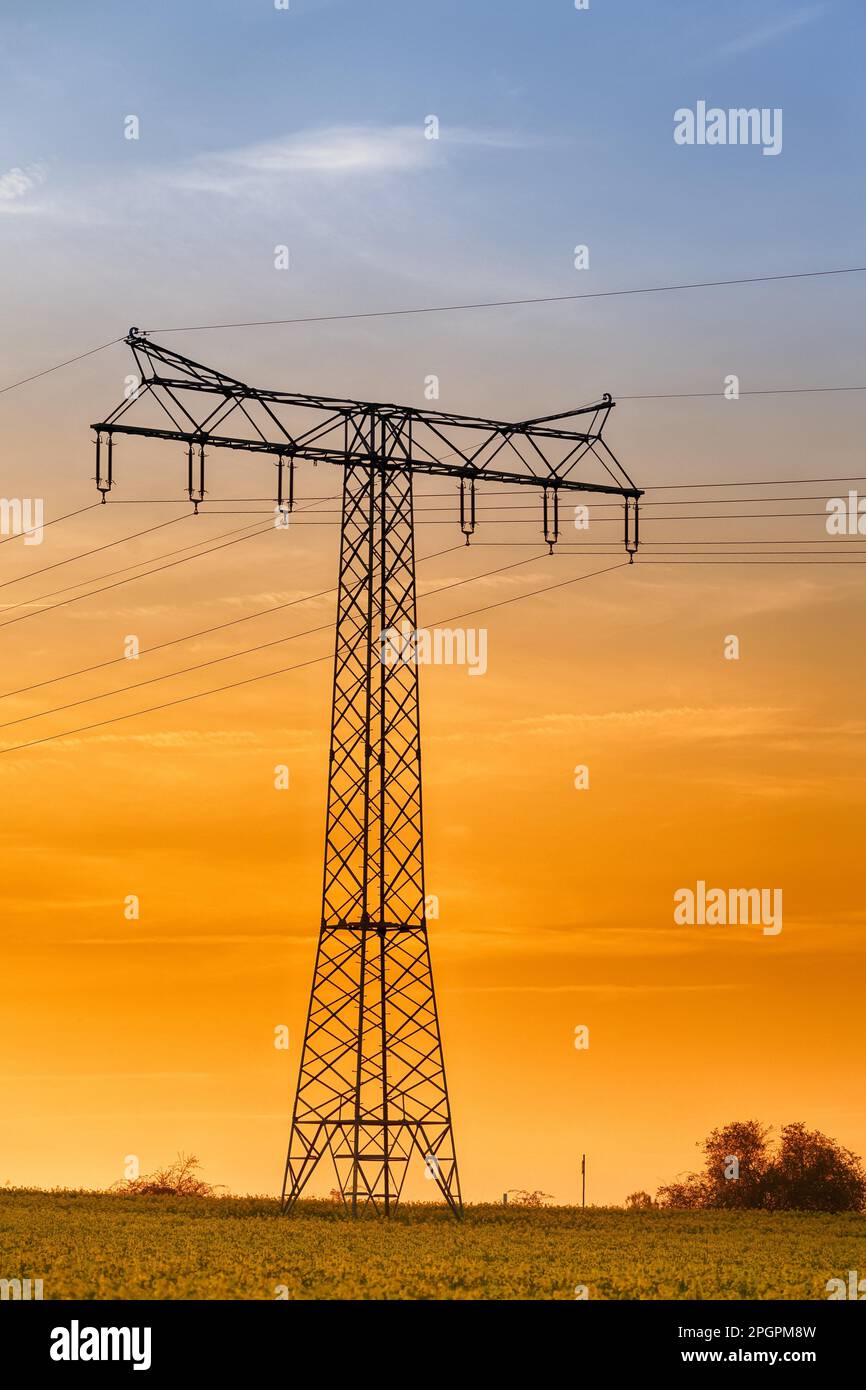 High-voltage power line High-voltage pylon in the sunset Stock Photo ...