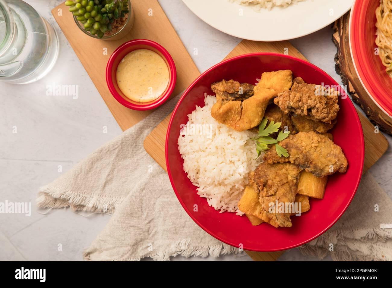Fried fish sticks and fried yuca Peruvian food buffet table Assorted ...
