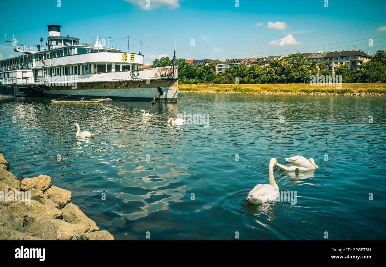 Mannheim, Germany - June 10, 2022: Neckar river with museum ship in ...