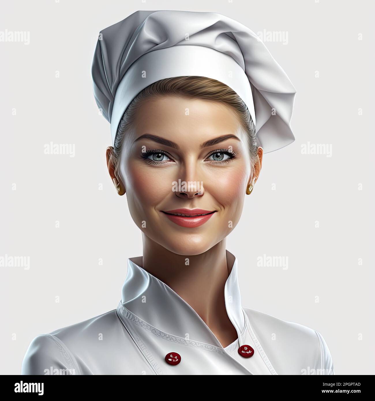 human female wearing a chef outfi tin a white background portrait ...